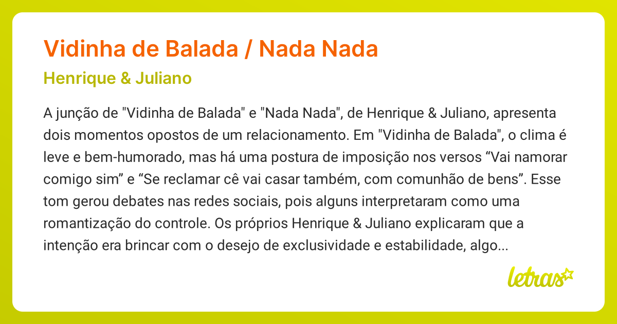Significado da música VIDINHA DE BALADA / NADA NADA (Henrique & Juliano ...