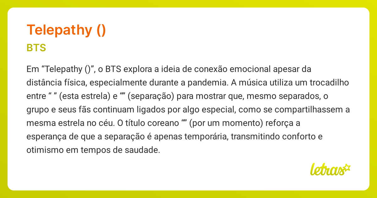 Significado da música TELEPATHY (잠시) (BTS) - LETRAS.MUS.BR
