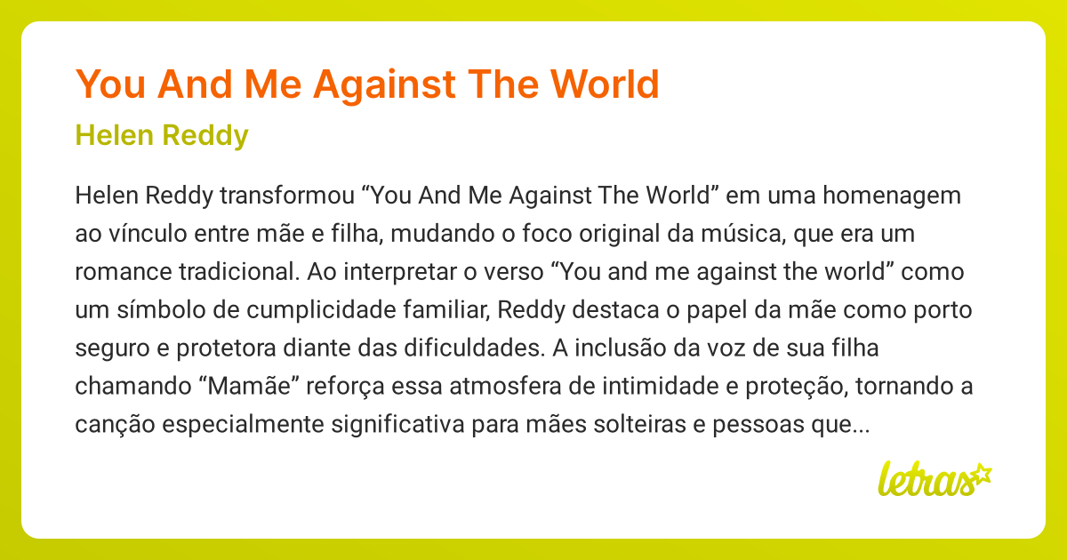 Significado da música YOU AND ME AGAINST THE WORLD (Helen Reddy ...