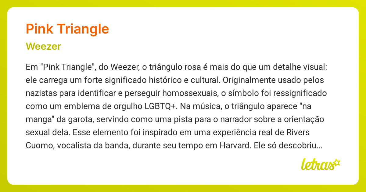 Significado da música PINK TRIANGLE (Weezer) - LETRAS.MUS.BR