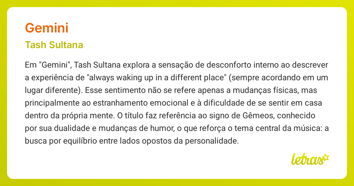 Significado da música GEMINI (Tash Sultana) - LETRAS.MUS.BR