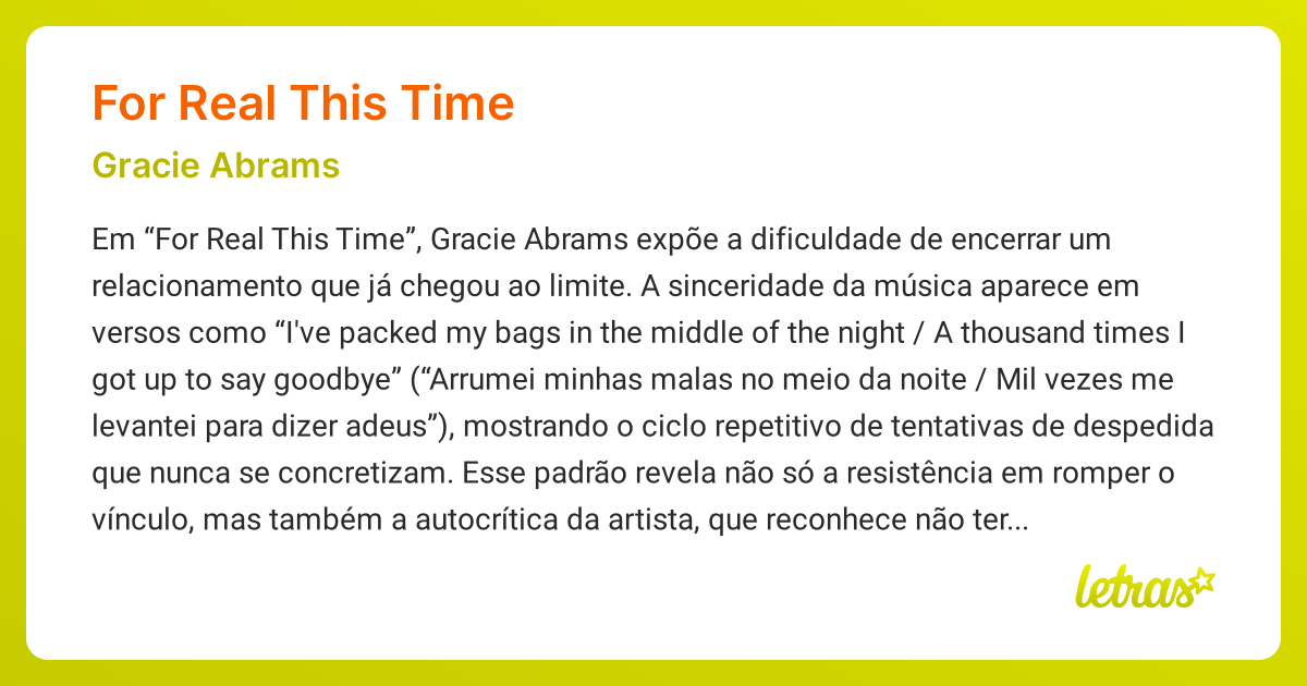 Significado da música FOR REAL THIS TIME (Gracie Abrams) - LETRAS.MUS.BR