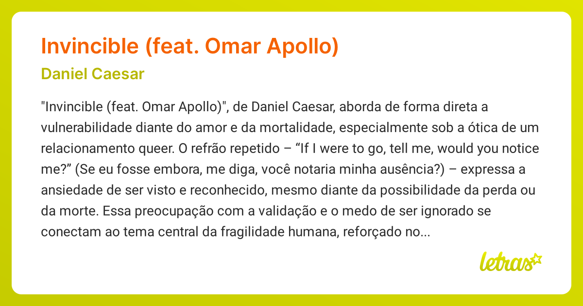 Significado da música INVINCIBLE (FEAT. OMAR APOLLO) (Daniel Caesar ...