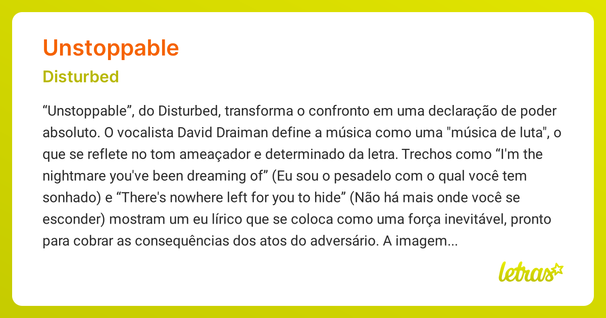 Significado da música UNSTOPPABLE (Disturbed) - LETRAS.MUS.BR