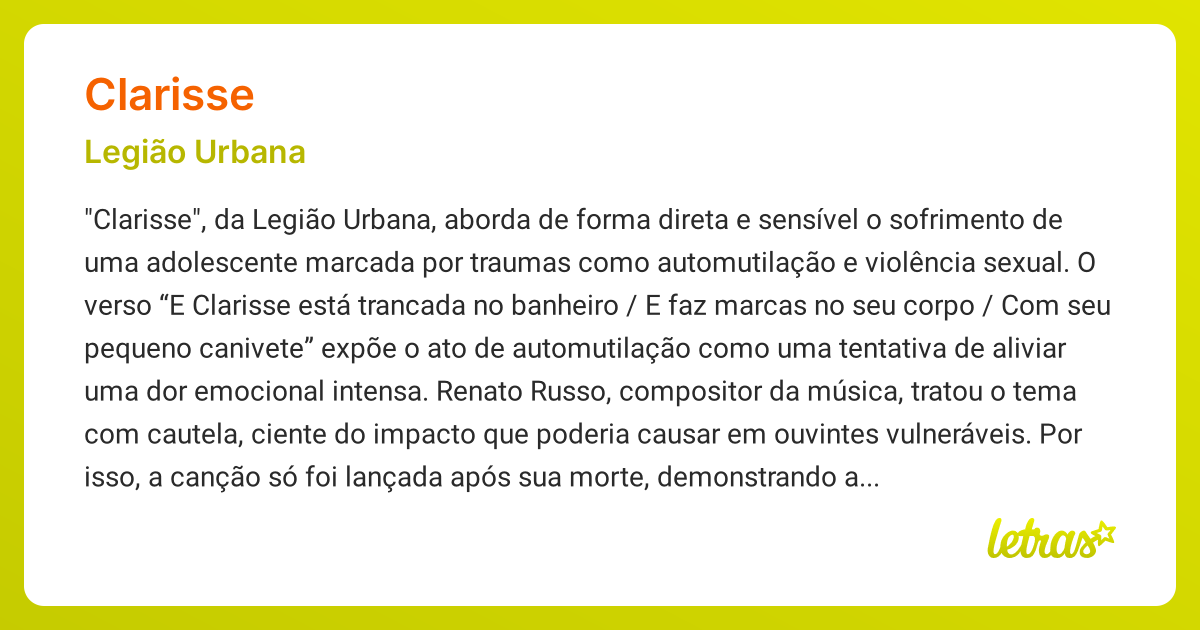 Significado da música CLARISSE (Legião Urbana) - LETRAS.MUS.BR
