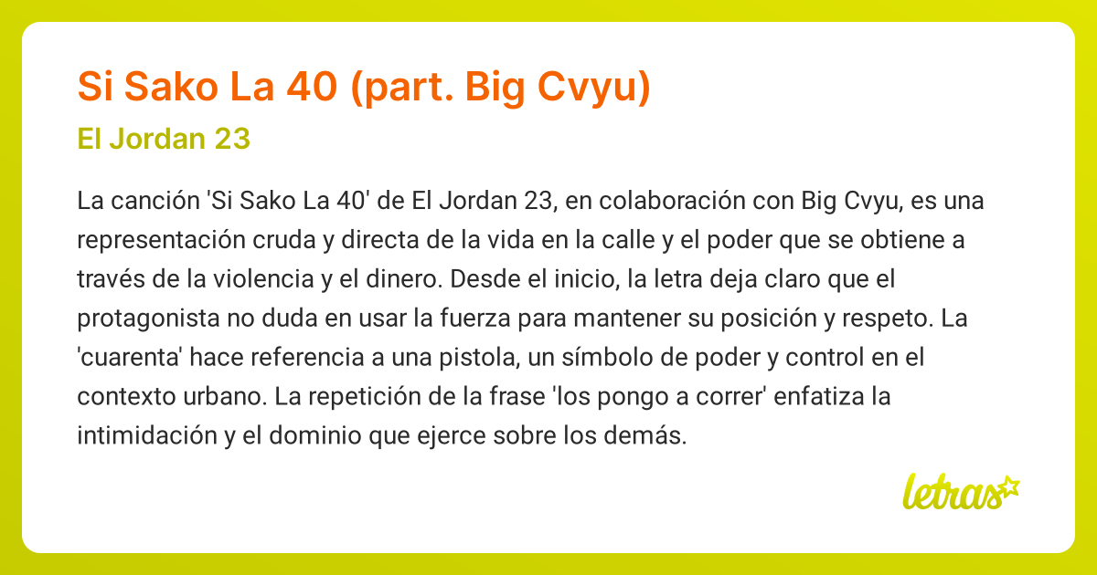 Significado de la canción SI SAKO LA 40 (PART. BIG CVYU) (El Jordan 23 ...