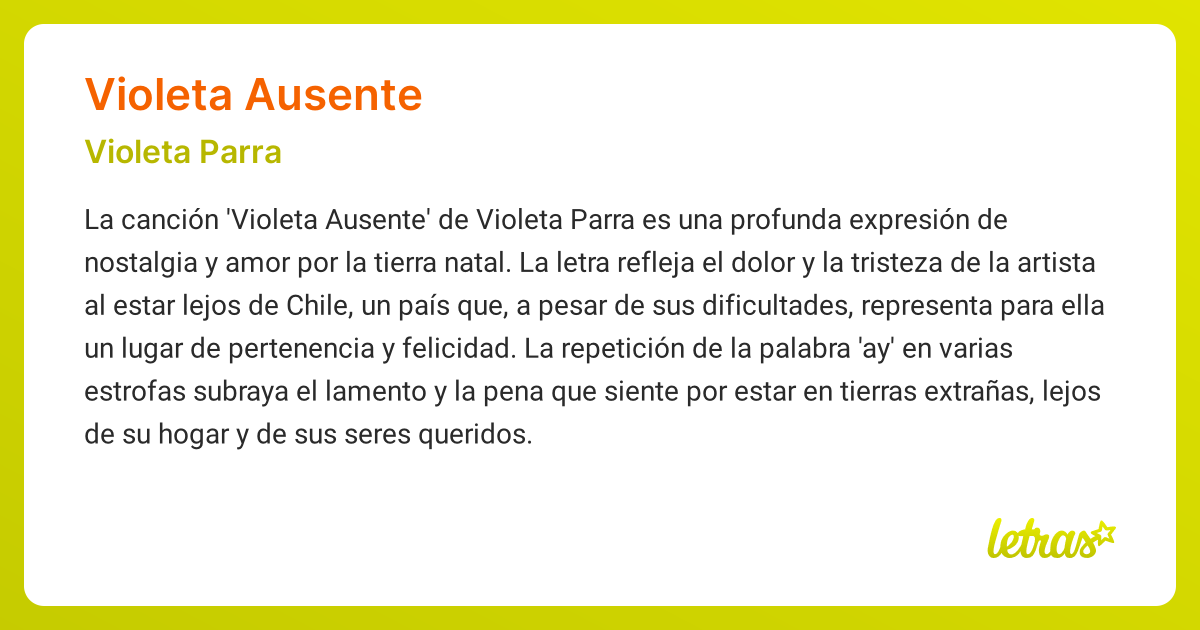 Significado de la canción VIOLETA AUSENTE (Violeta Parra) - LETRAS.COM