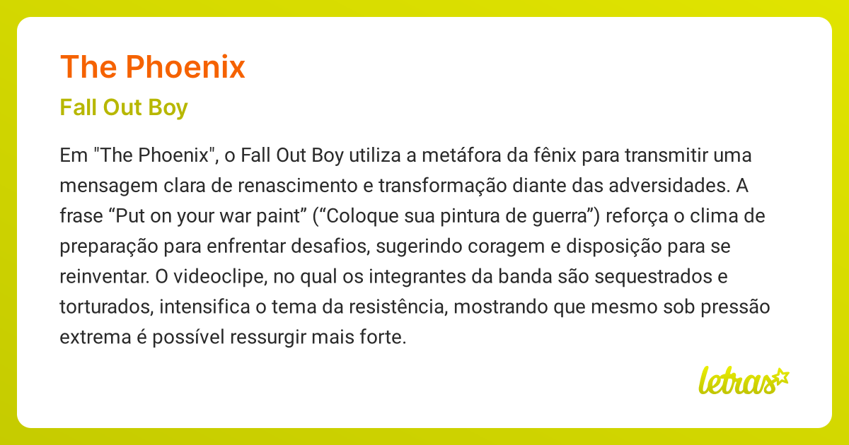 Significado da música THE PHOENIX (Fall Out Boy) - LETRAS.MUS.BR