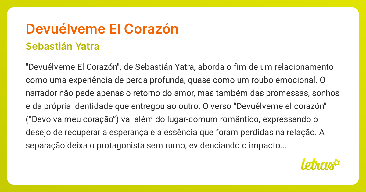 Significado da música DEVUÉLVEME EL CORAZÓN (Sebastián Yatra) - LETRAS ...