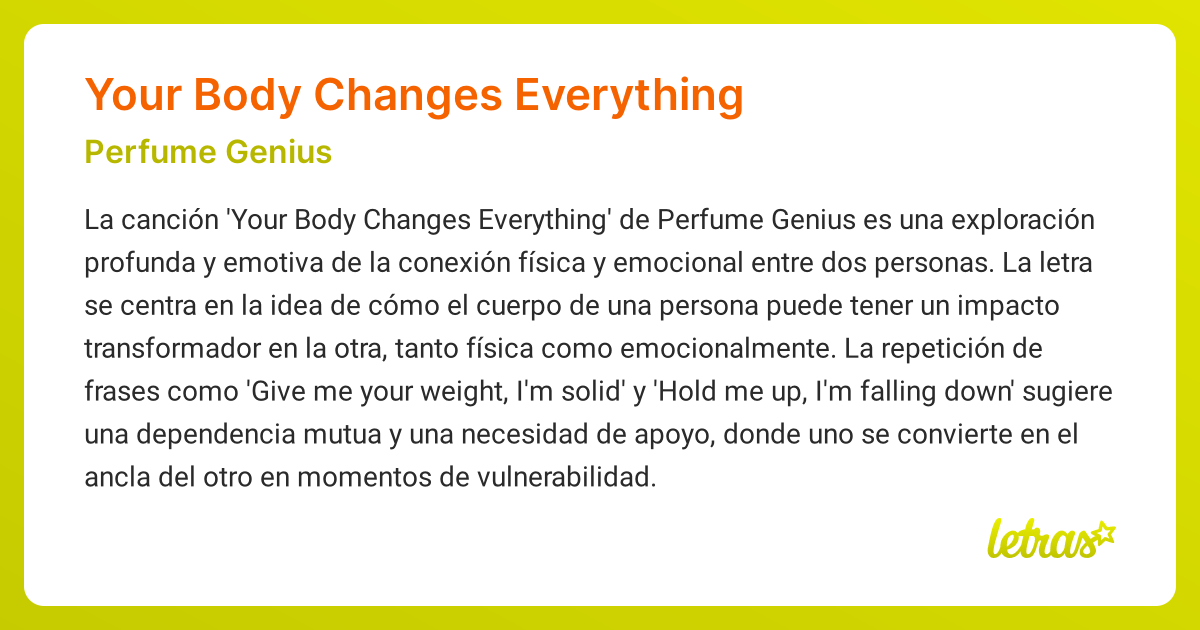 Significado de la canción YOUR BODY CHANGES EVERYTHING (Perfume Genius ...