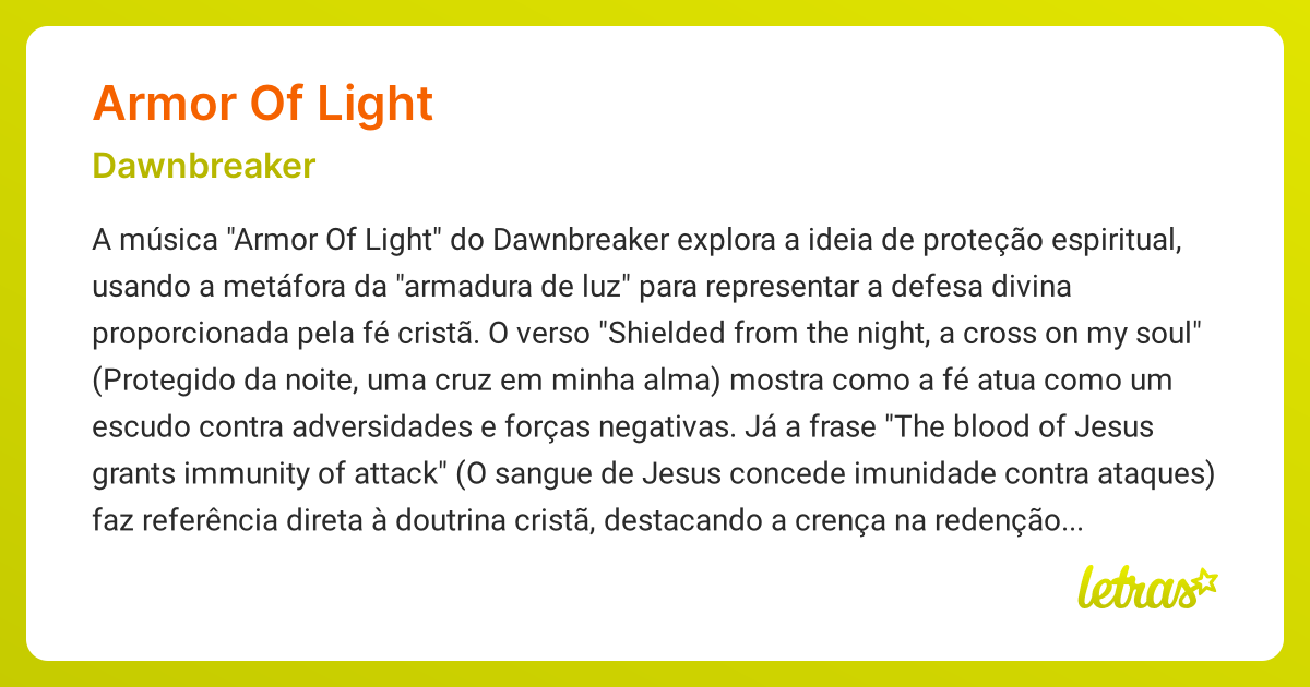 Significado da música ARMOR OF LIGHT (Dawnbreaker) - LETRAS.MUS.BR