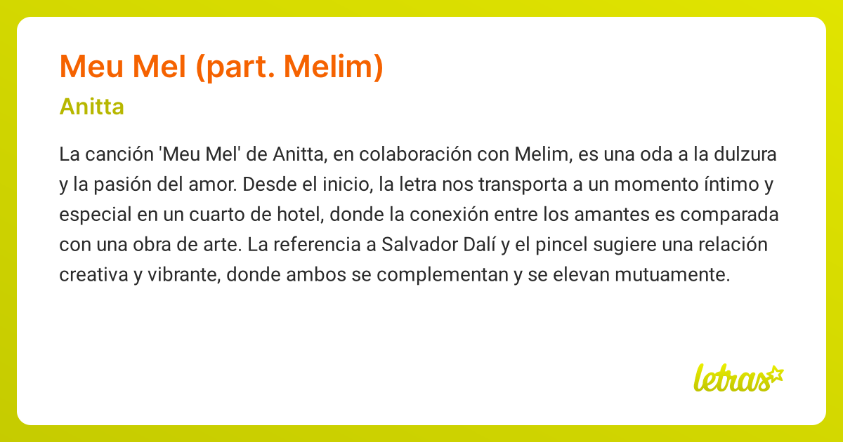 Significado de la canción MEU MEL (PART. MELIM) (Anitta) - LETRAS.COM