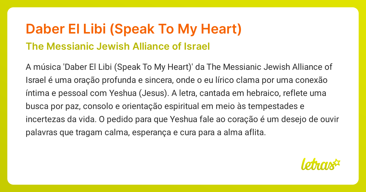 Significado da música Daber El Libi (Speak To My Heart) (The Messianic ...