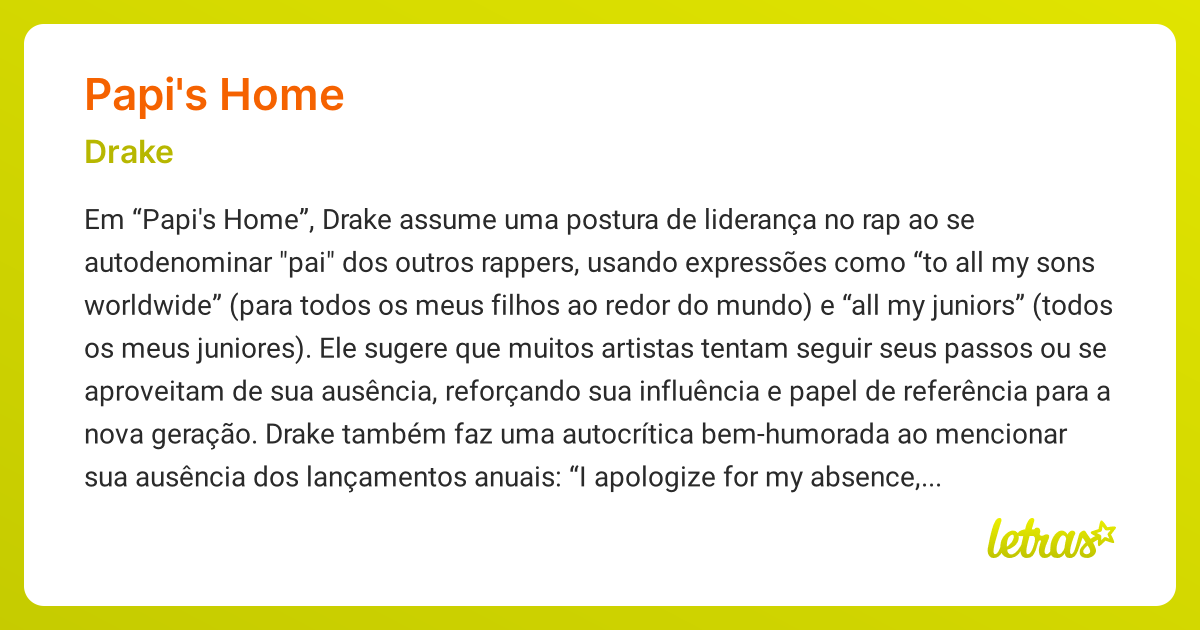 Significado da música PAPI'S HOME (Drake) - LETRAS.MUS.BR