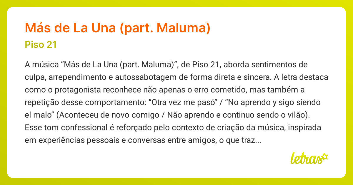 Significado da música MÁS DE LA UNA (PART. MALUMA) (Piso 21) - LETRAS ...