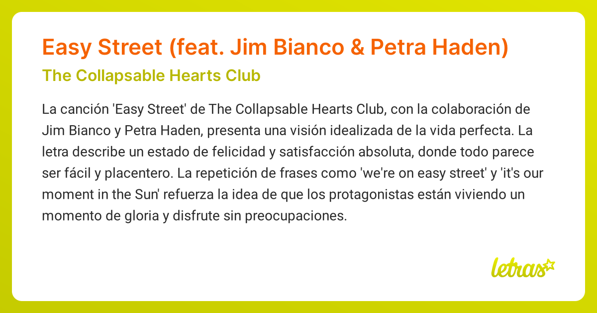 Significado de la canción Easy Street (feat. Jim Bianco & Petra Haden ...
