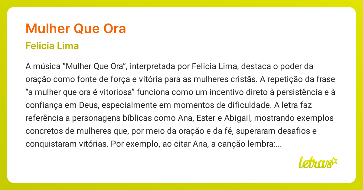 Significado da música MULHER QUE ORA (Felicia Lima) - LETRAS.MUS.BR
