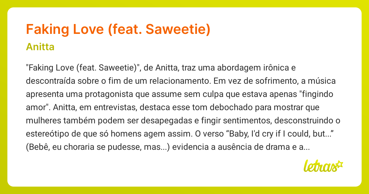 Significado da música FAKING LOVE (FEAT. SAWEETIE) (Anitta) - LETRAS.MUS.BR