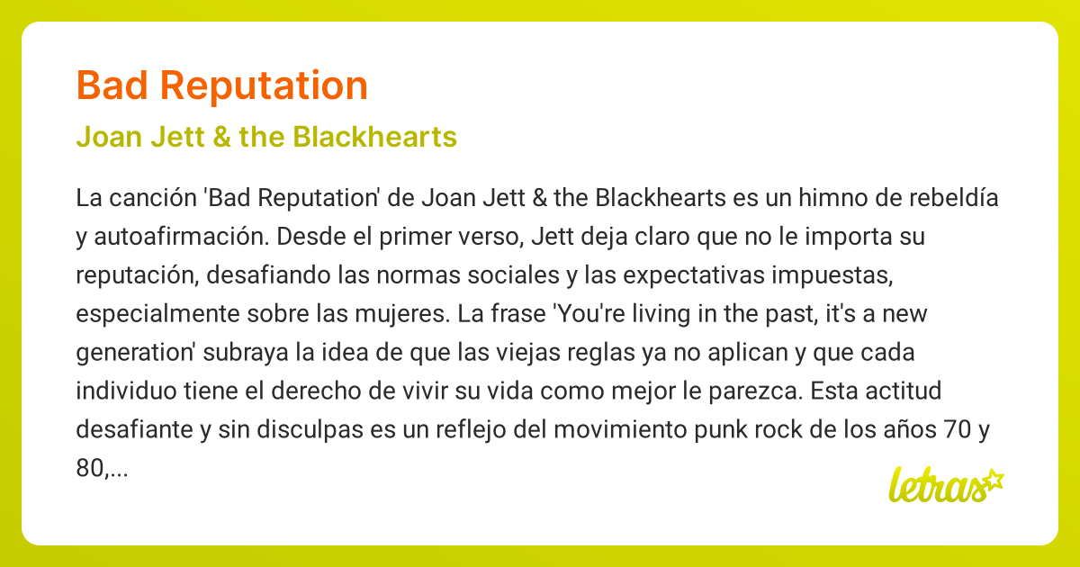 Significado de la canción BAD REPUTATION (Joan Jett & the Blackhearts) - LETRAS.COM