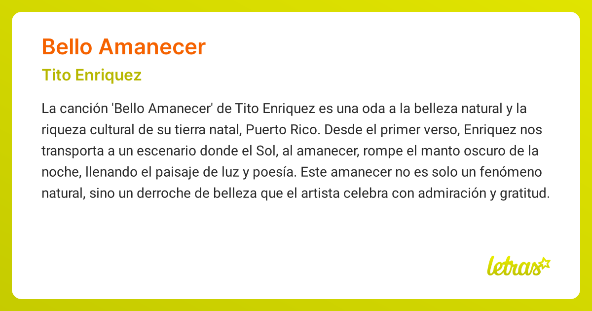 Significado de la canción BELLO AMANECER (Tito Enriquez) - LETRAS.COM