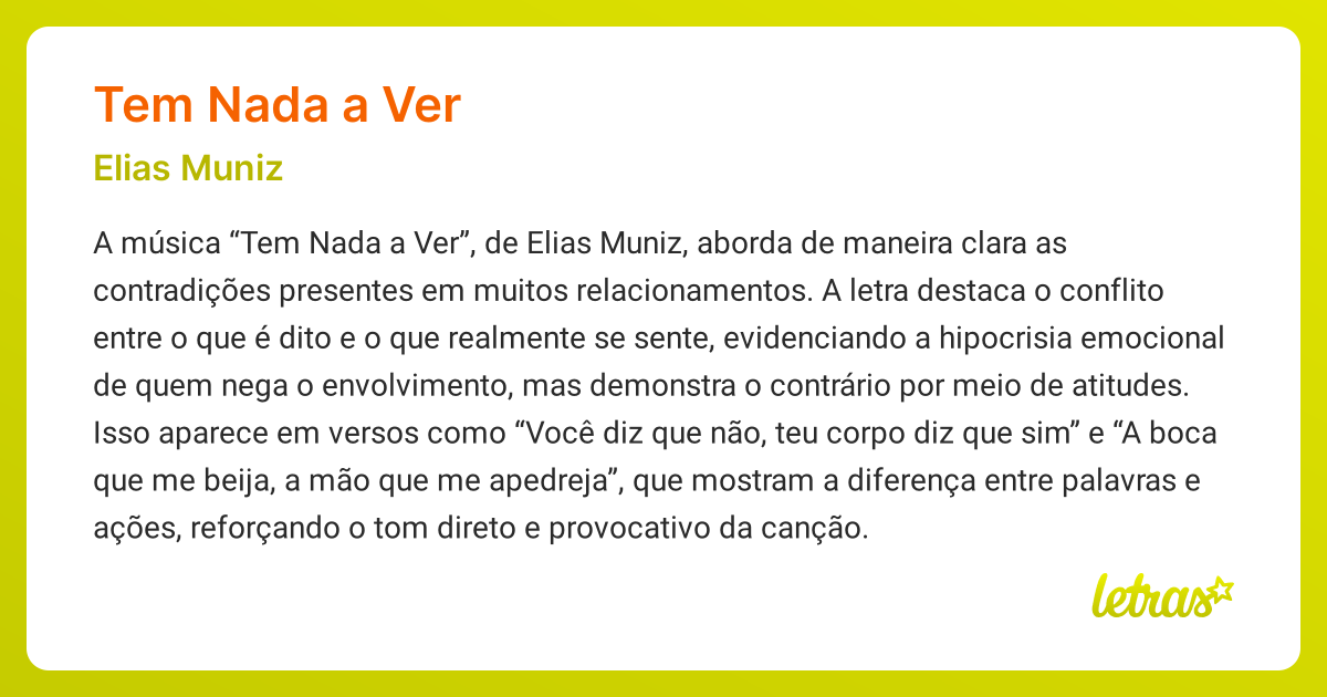 Significado da música TEM NADA A VER (Elias Muniz) - LETRAS.MUS.BR