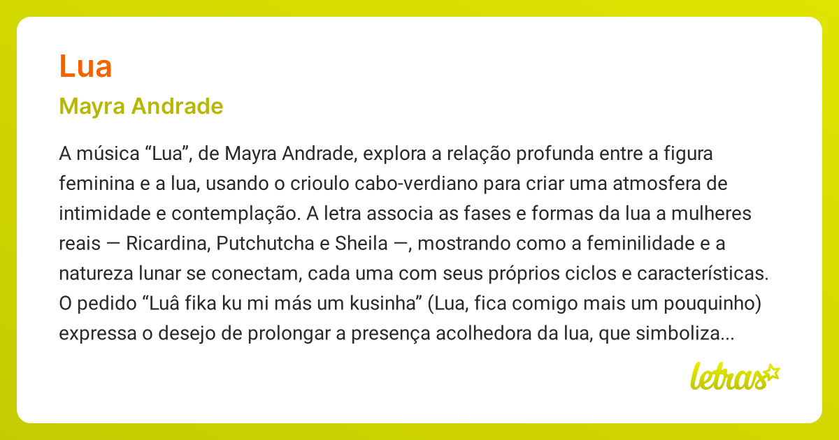 Significado da música LUA (Mayra Andrade) - LETRAS.MUS.BR