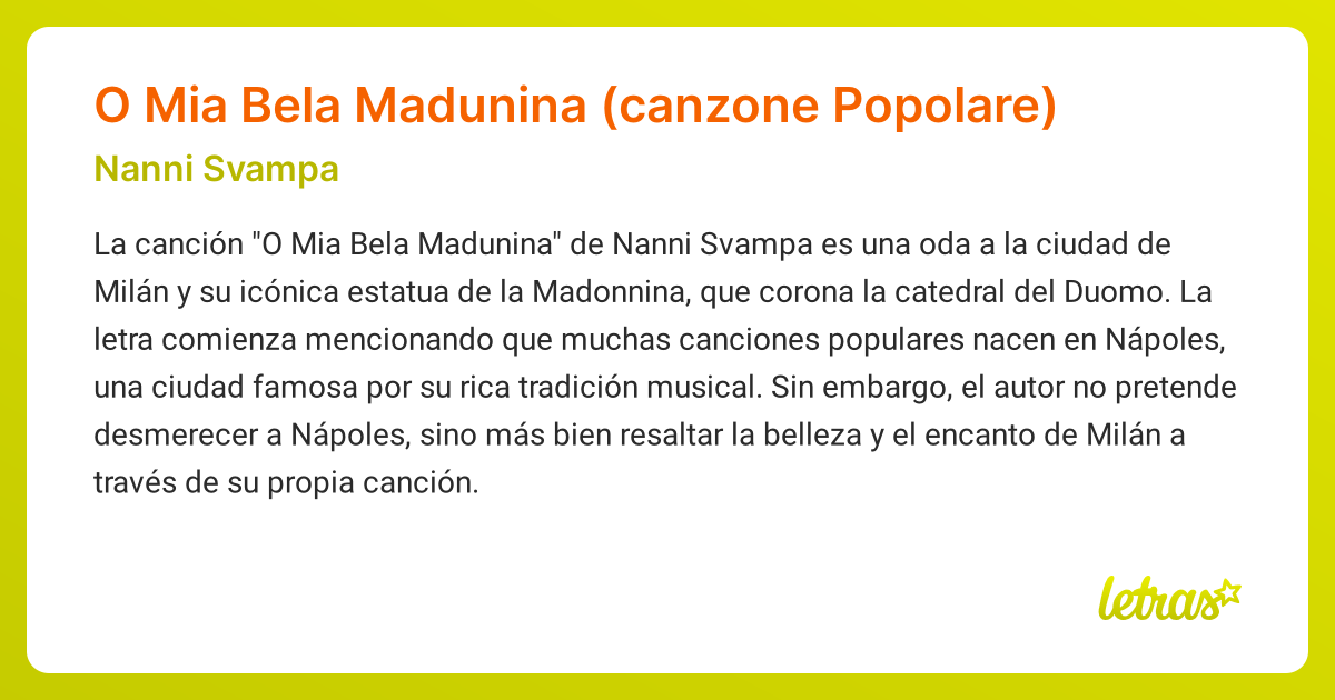 Significado de la canción O Mia Bela Madunina (canzone Popolare) (Nanni ...