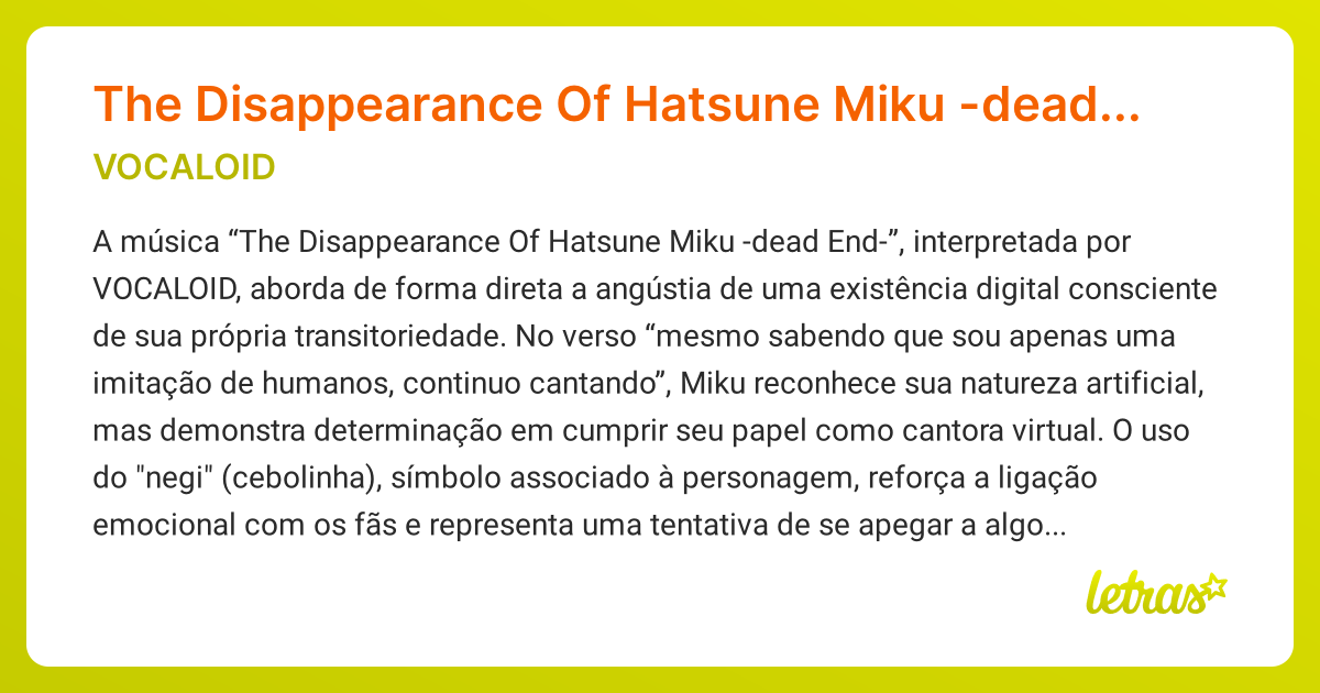Significado da música The Disappearance Of Hatsune Miku -dead End ...