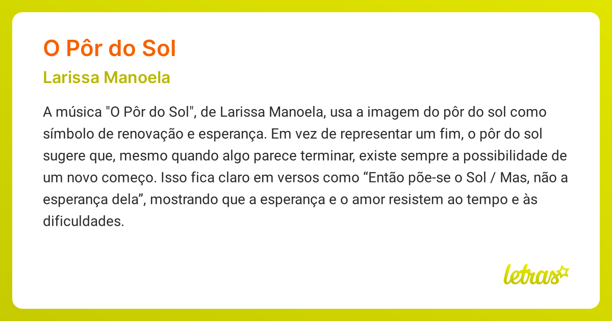 Significado Da Música O Pôr Do Sol Larissa Manoela Letras Mus Br
