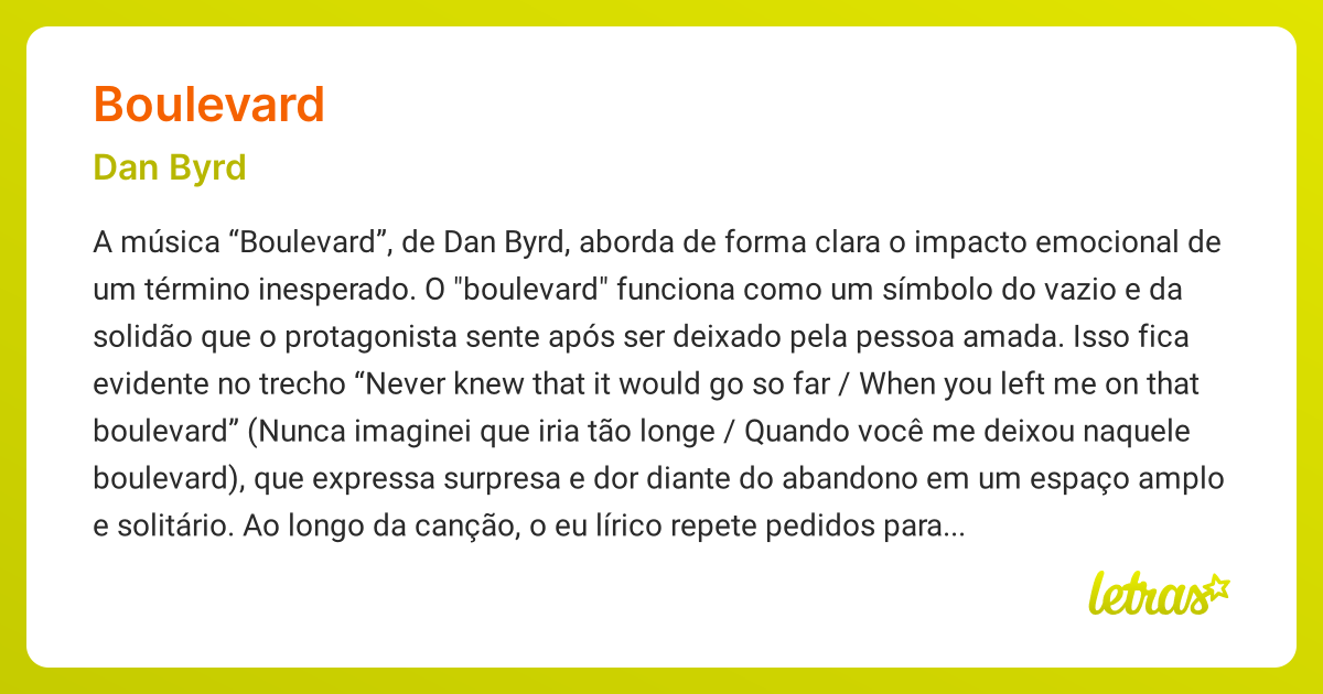 Significado da música BOULEVARD (Dan Byrd) - LETRAS.MUS.BR