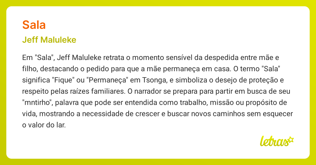 Significado da música SALA (Jeff Maluleke) - LETRAS.MUS.BR