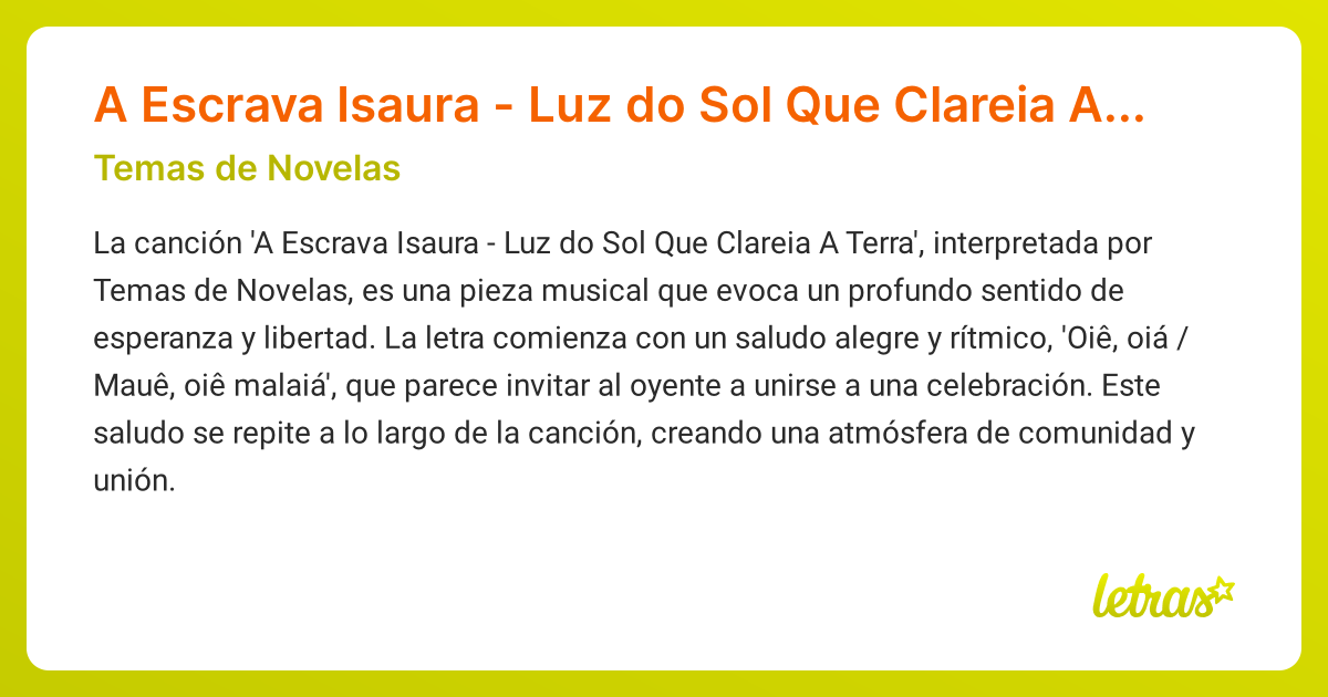 Significado de la canción A Escrava Isaura - Luz do Sol Que Clareia A ...