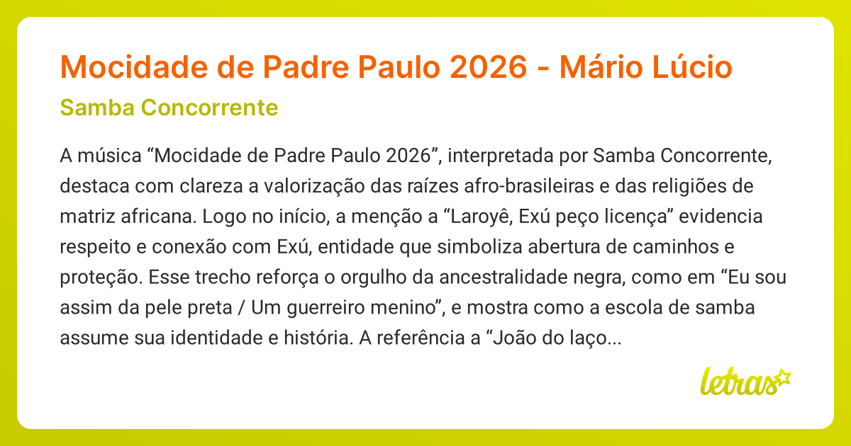 Significado da música Mocidade de Padre Paulo 2026 - Mário Lúcio (Samba ...