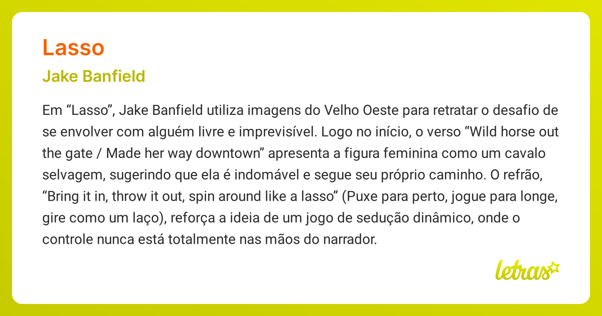 Significado da música LASSO (Jake Banfield) - LETRAS.MUS.BR