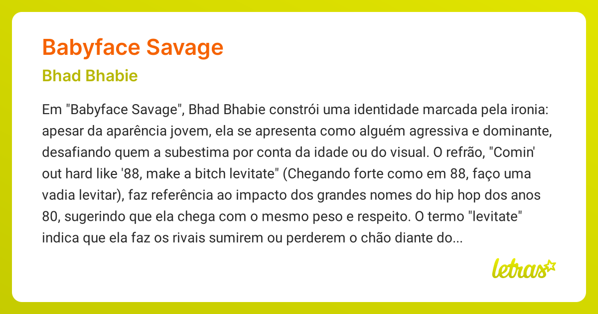 Significado da música BABYFACE SAVAGE (Bhad Bhabie) - LETRAS.MUS.BR