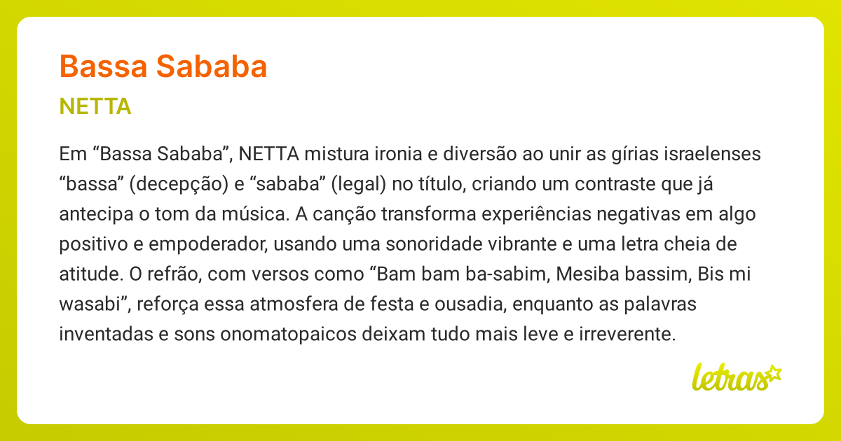 Significado da música BASSA SABABA (NETTA) - LETRAS.MUS.BR