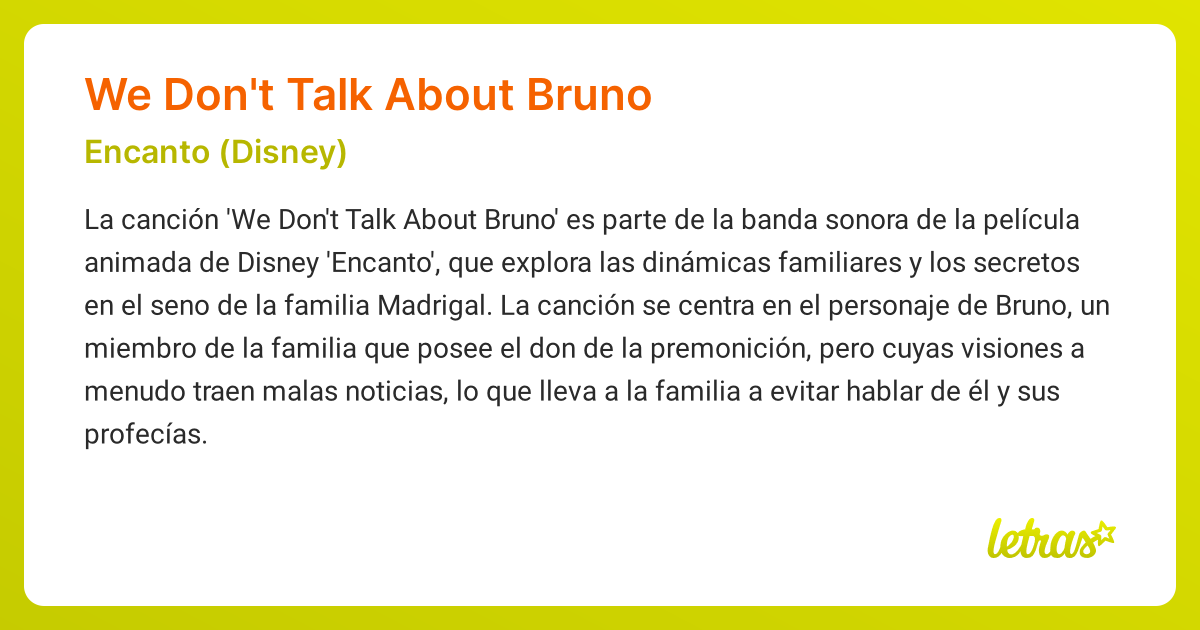 Significado de la canción WE DON'T TALK ABOUT BRUNO (Encanto (Disney ...