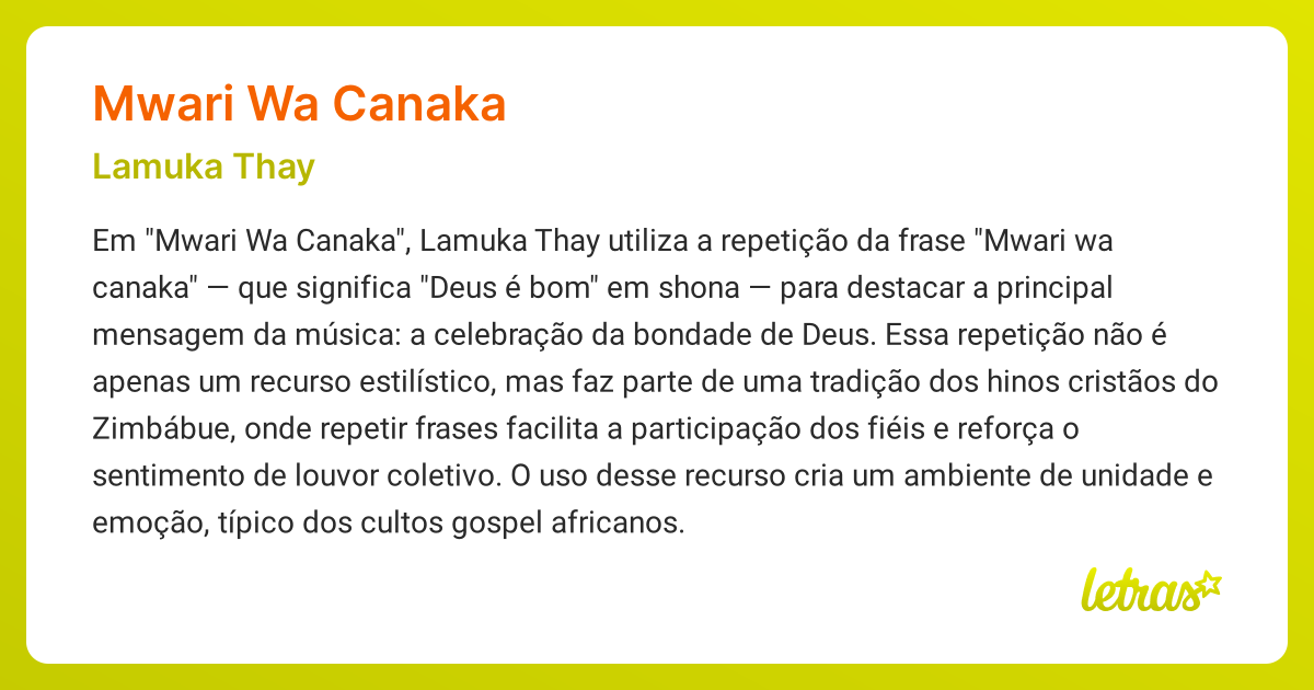 Significado da música MWARI WA CANAKA (Lamuka Thay) - LETRAS.MUS.BR