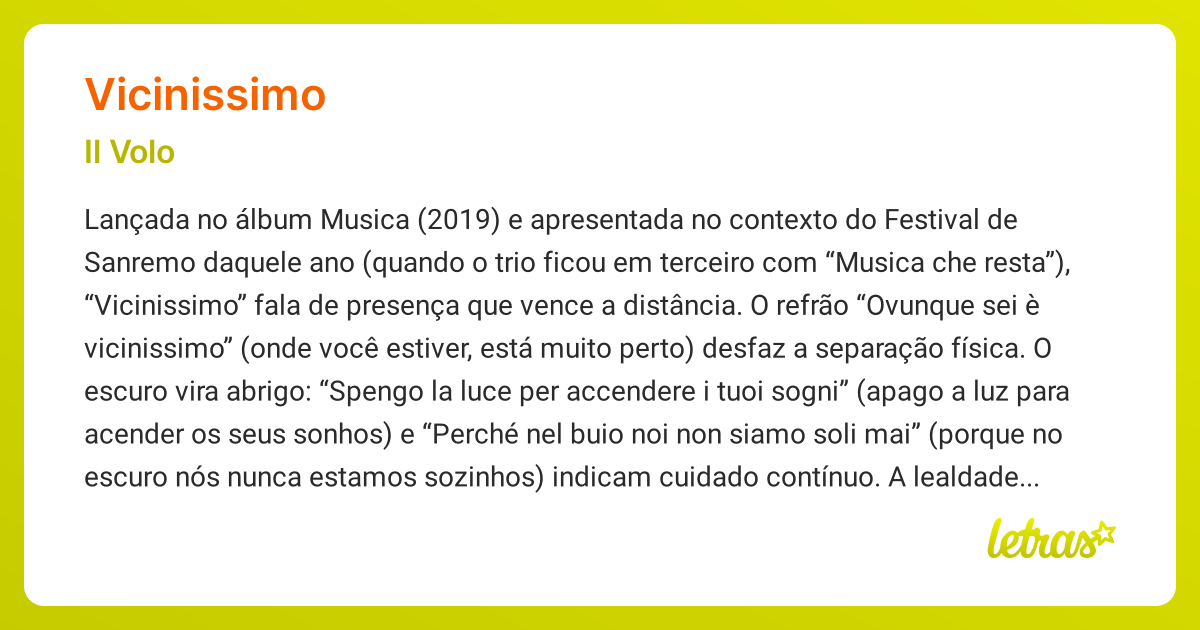 Significado da música VICINISSIMO (Il Volo) - LETRAS.MUS.BR