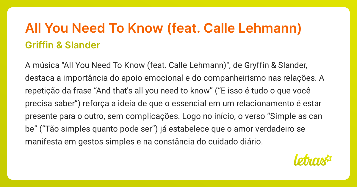 Significado da música All You Need To Know (feat. Calle Lehmann ...