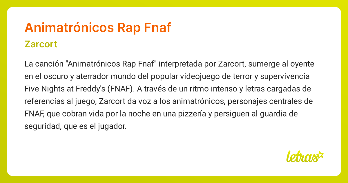 Significado de la canción ANIMATRÓNICOS RAP FNAF (Zarcort) - LETRAS.COM