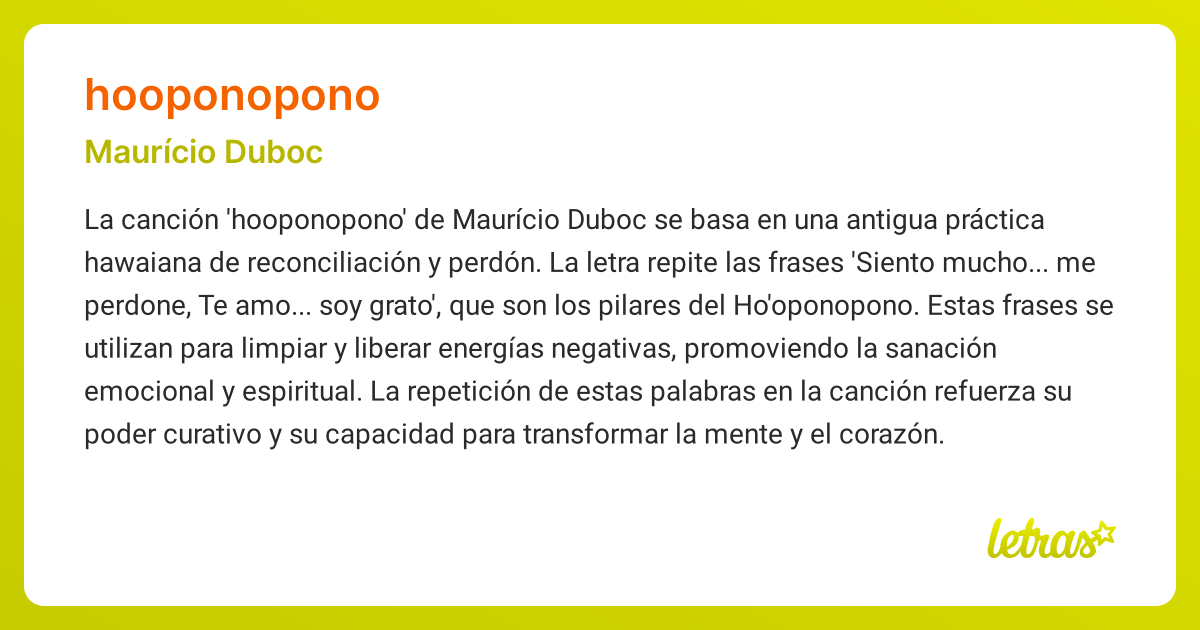 Significado de la canción HOOPONOPONO (Maurício Duboc) - LETRAS.COM