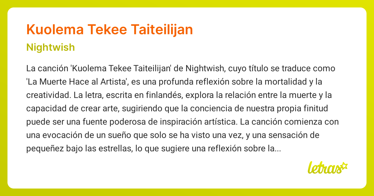 Significado de la canción KUOLEMA TEKEE TAITEILIJAN (Nightwish ...