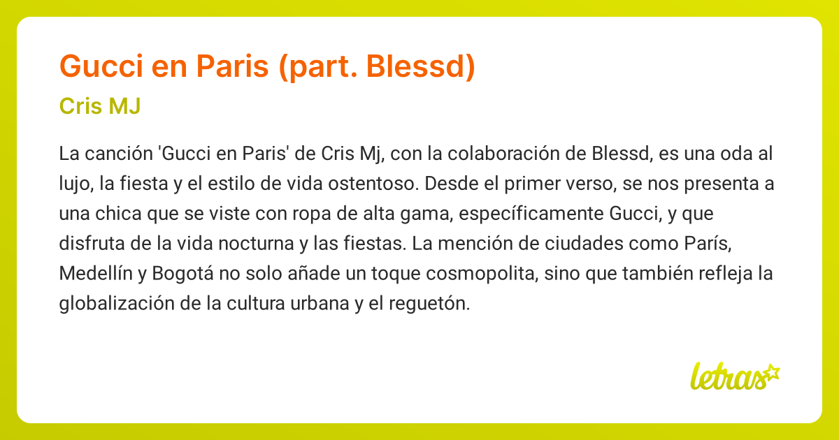 Significado de la canción GUCCI EN PARIS (PART. BLESSD) (Cris MJ ...
