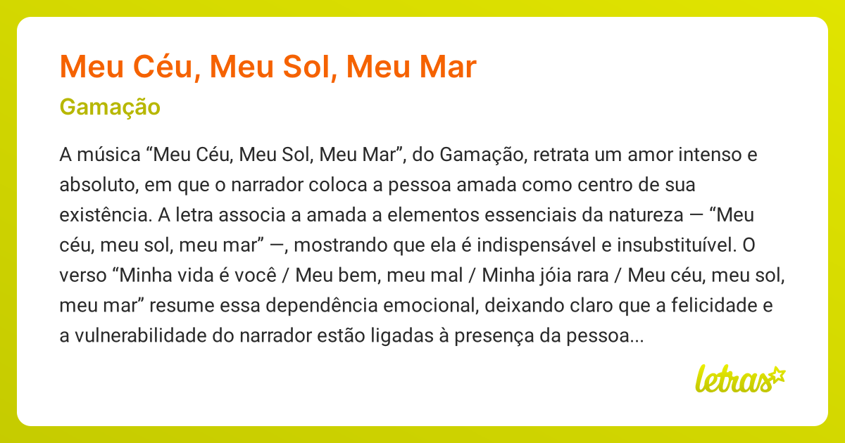 Significado da música MEU CÉU, MEU SOL, MEU MAR (Gamação) - LETRAS.MUS.BR