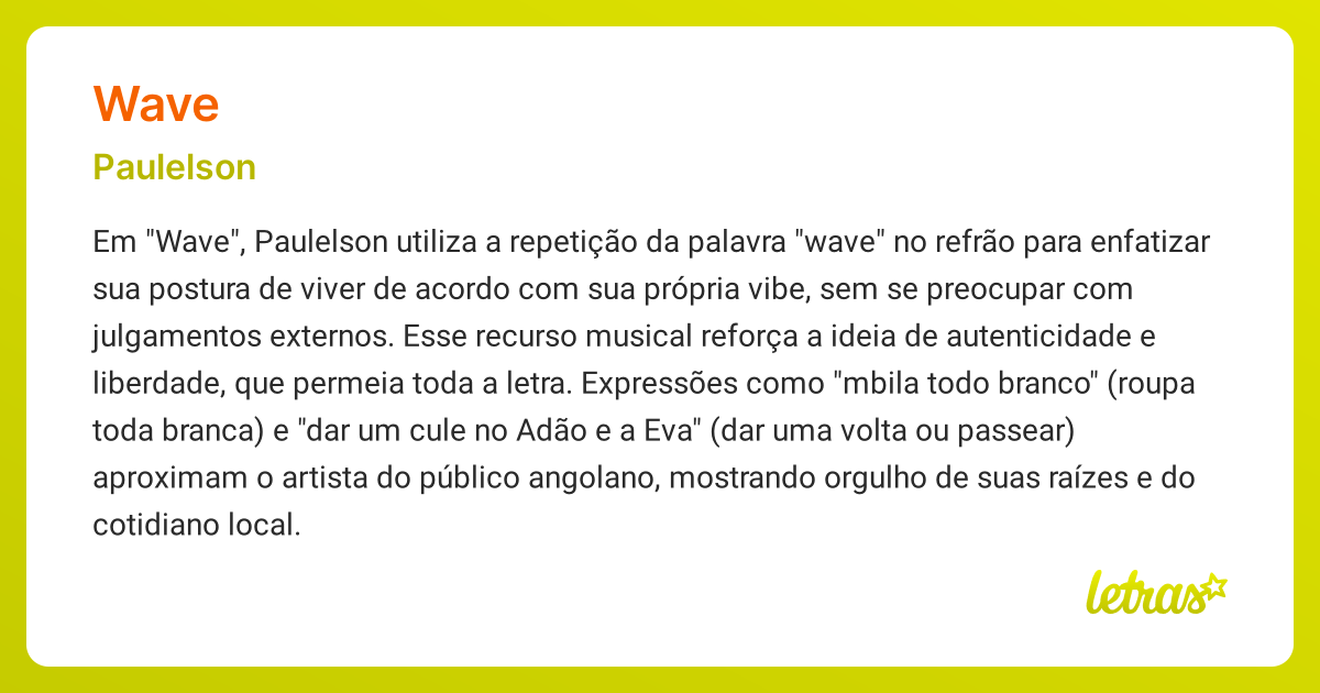 Significado da música WAVE (Paulelson) - LETRAS.MUS.BR