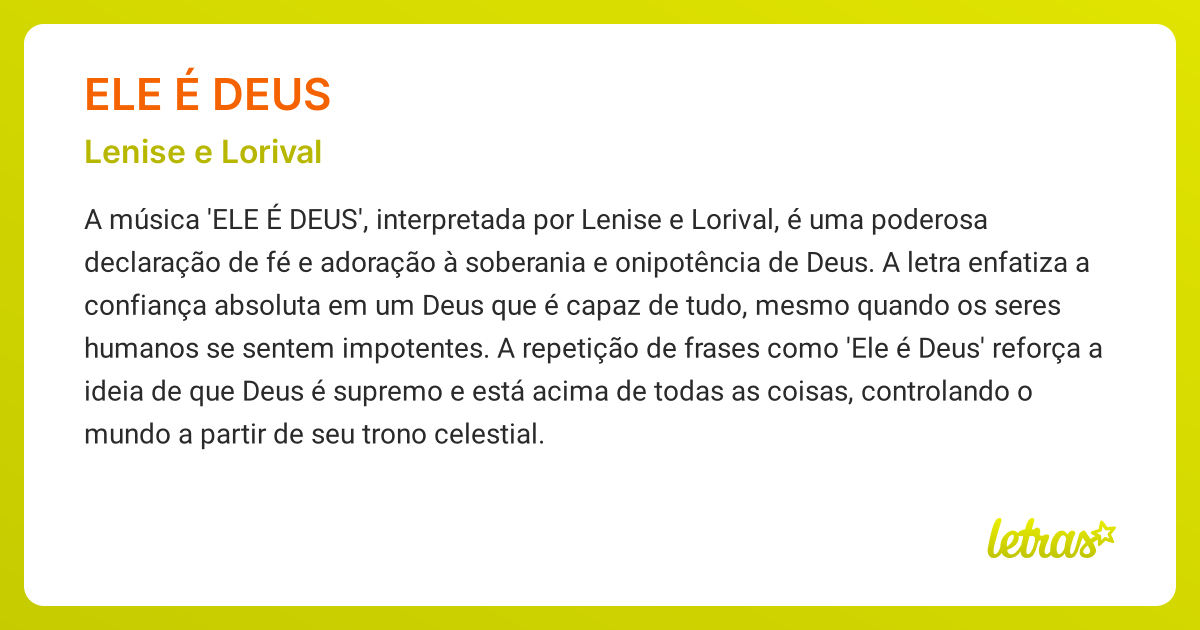 Significado da música ELE É DEUS (Lenise e Lorival) - LETRAS.MUS.BR