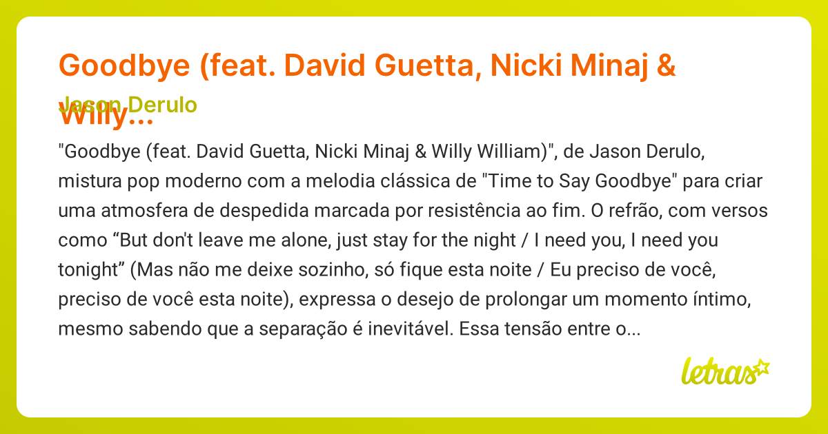 Significado da música Goodbye (feat. David Guetta, Nicki Minaj & Willy ...