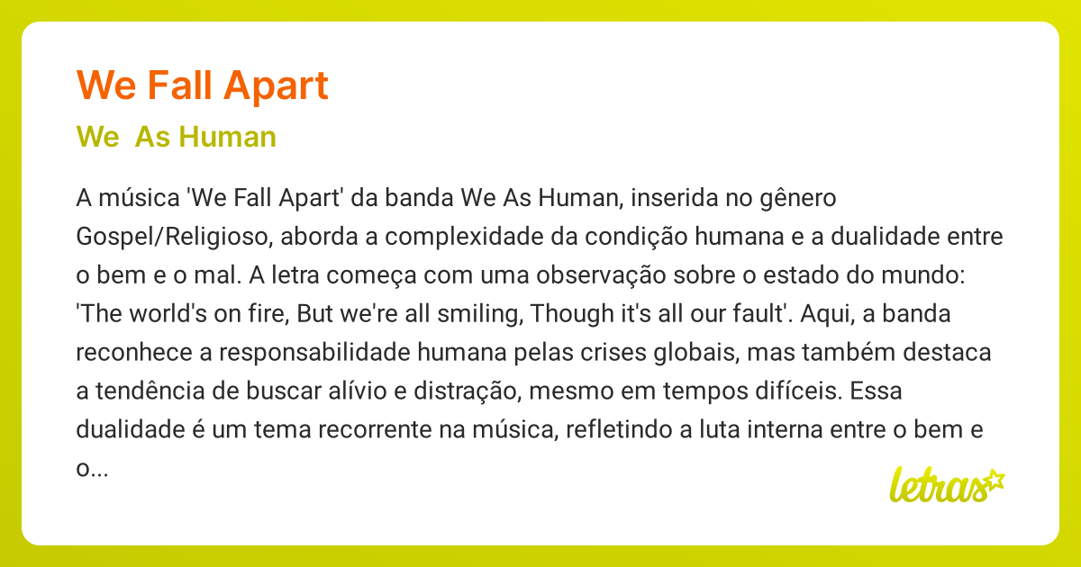 Significado da música WE FALL APART (We As Human) - LETRAS.MUS.BR