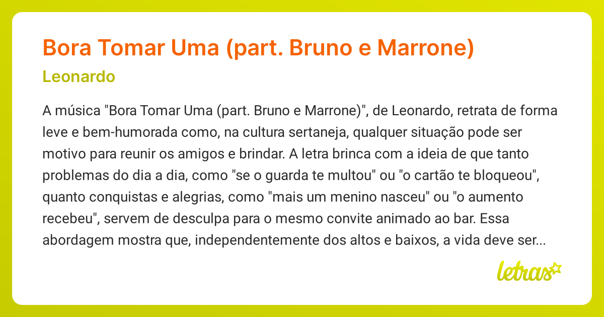 Significado da música Bora Tomar Uma (part. Bruno e Marrone) (Leonardo ...
